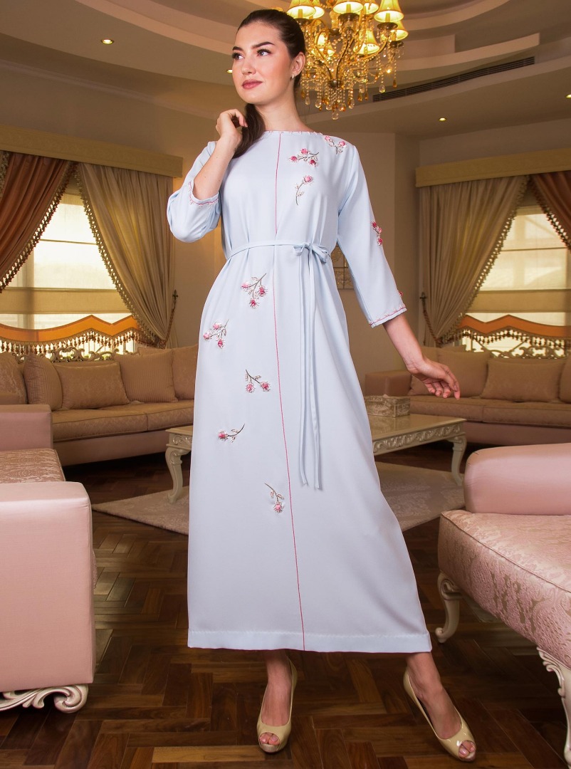 Pink Roses Beautiful baby blue pink roses embroidered crepe jalabiya ...
