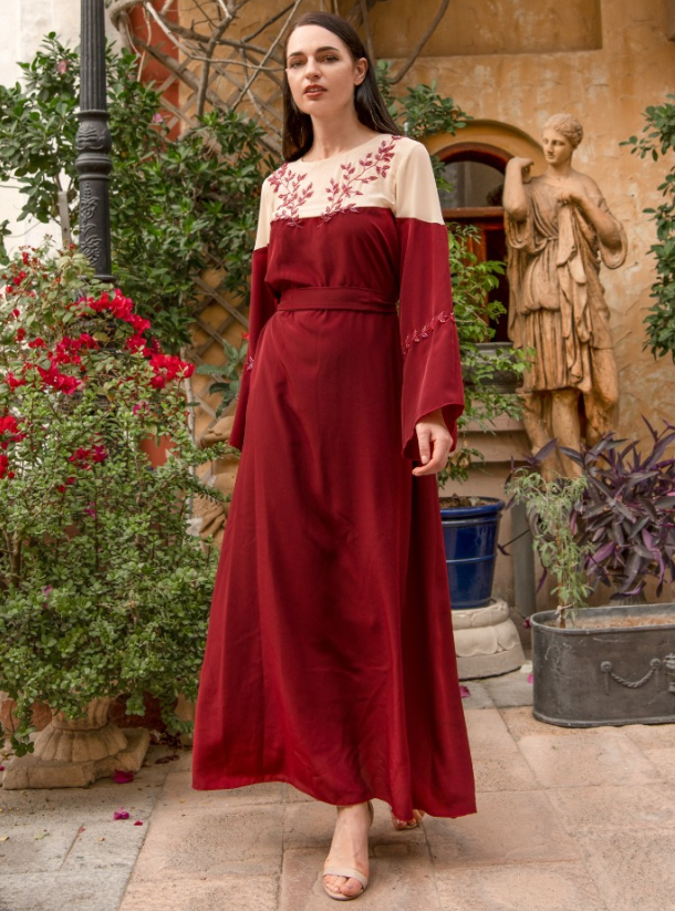 Burgundy dress Burgundy colorblock dress with flared longsleeves and ...