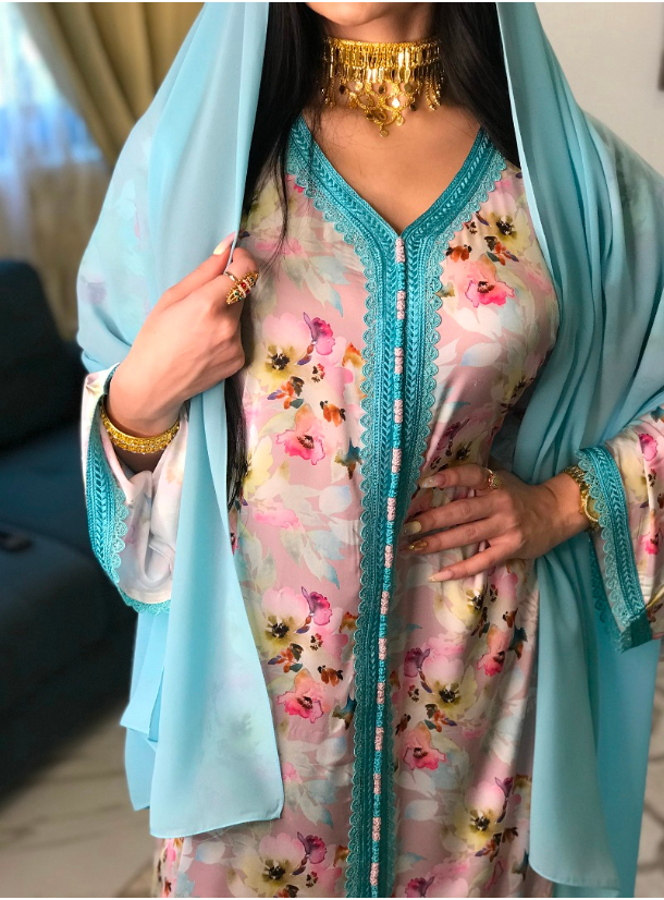 Y42 Jalabiya Moroccan jalabiya featuring a silk floral fabric with ...