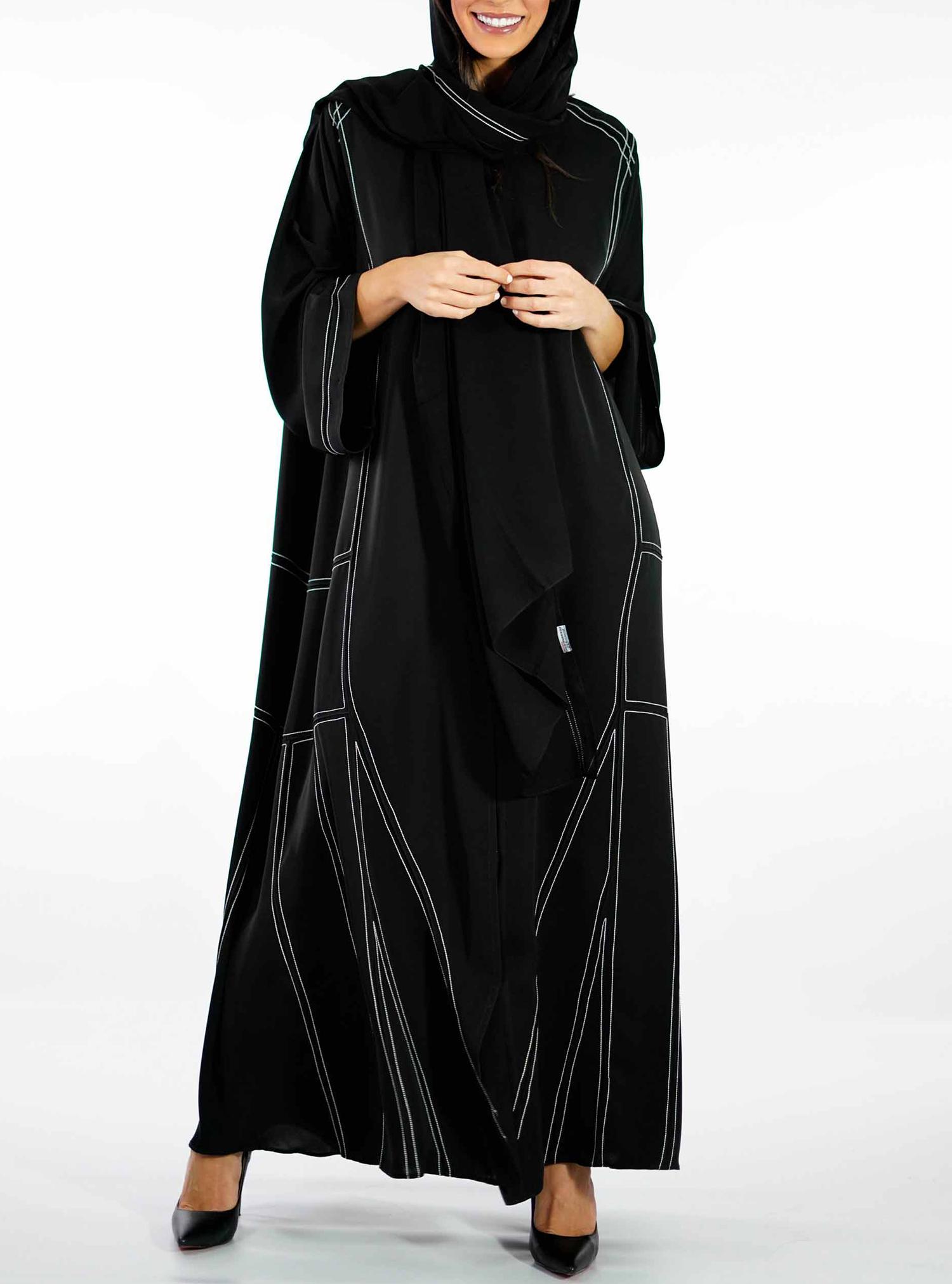 DOUBLE LINE Off white thread double lined abaya. Front and back v shape ...