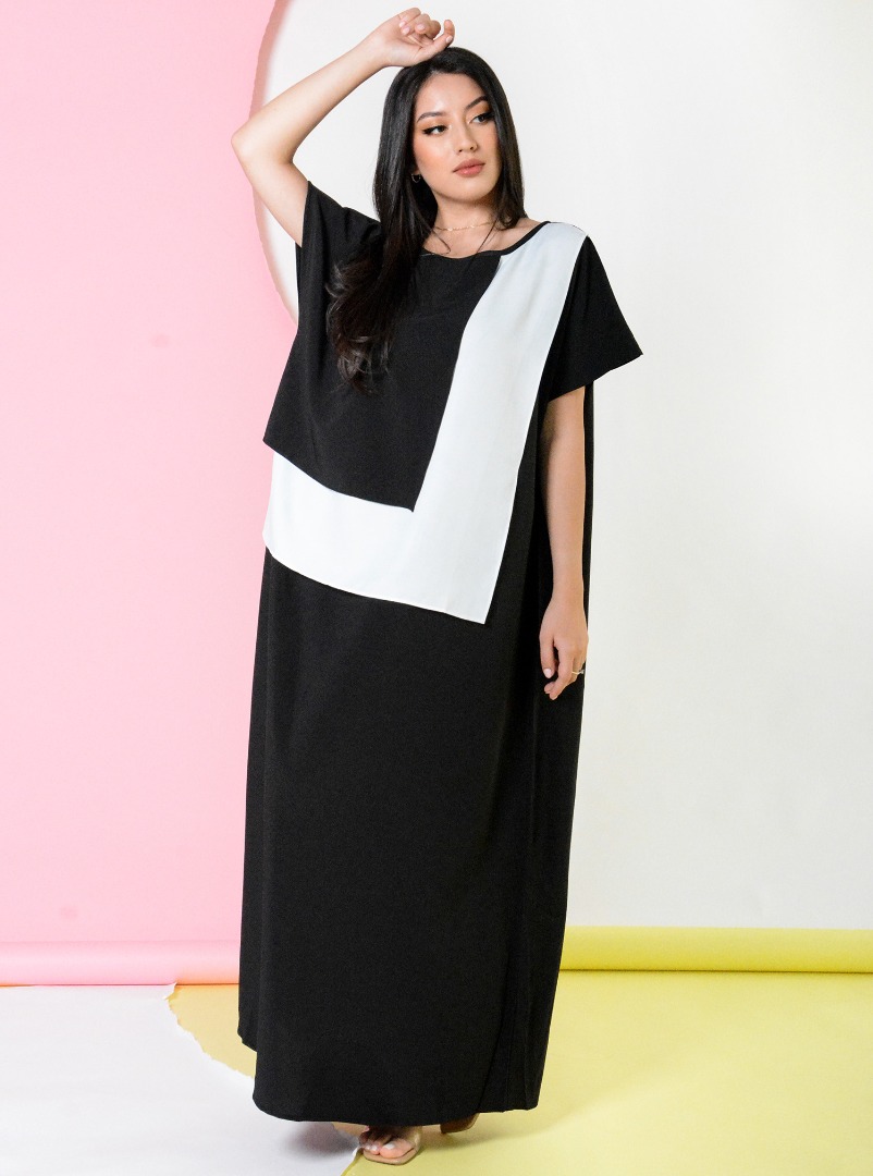 Black Mod Dress Black mod-inspired dress with a graphic white overlay ...