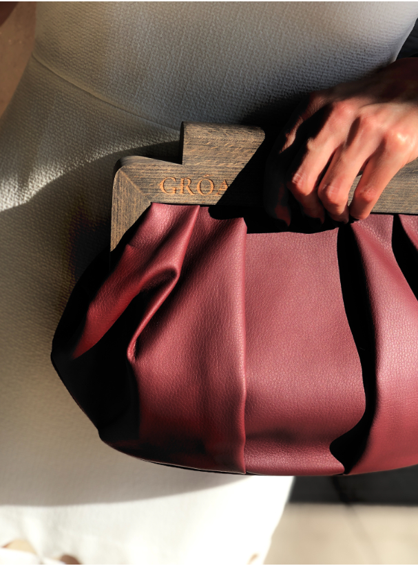 Maroon Clutch Pouch with natural wood, 25x23 cm Bags from at Boksha