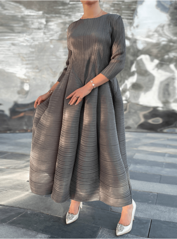 Davina Dress Boat neck pleated dress, Circular fold designs on lower ...