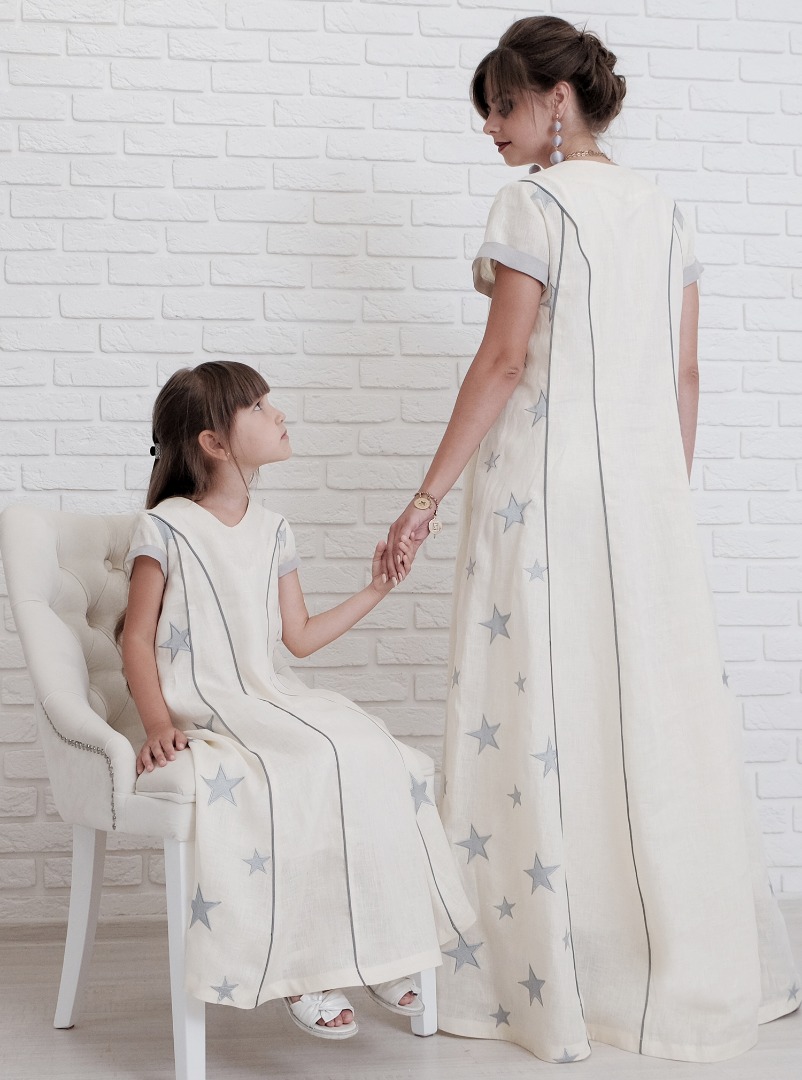 Silver stars Embroidered silver stars milky colour dress made of linen ...