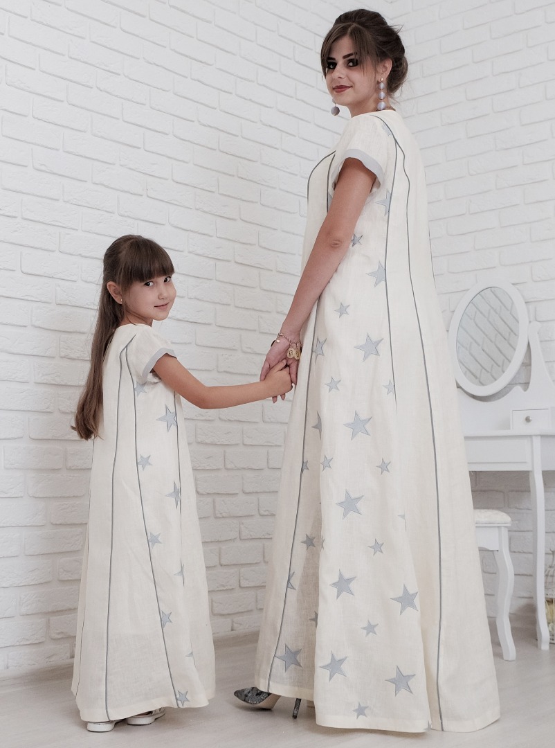 Silver stars Embroidered silver stars milky colour dress made of linen ...